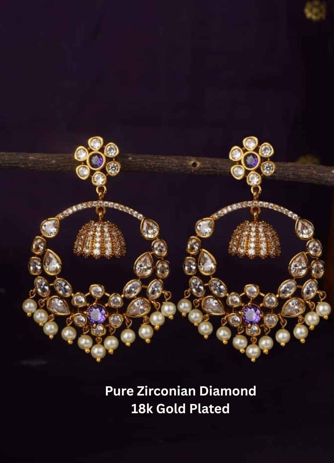 Pure Zirconian Diamond Gold Plated Chand Bali Lightweight Earrings | Zevana